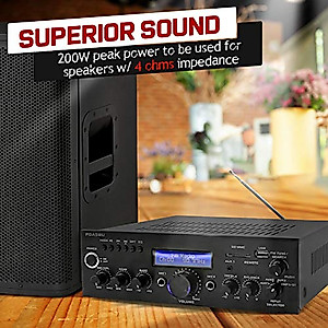 Pyle Wireless Bluetooth Power Amplifier-200 Watt Audio Stereo Receiver w/USB Port, AUX in, FM Radio, 2 Karaoke Microphone Input, Remote-Home Entertainment System, Black, 10.5" x 8.8" x 2.8" (PDA5BU)
