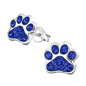 925 Sterling Silver Sapphire Blue Crystal Paw Print Stud Earrings 18872 (Nickel Free)