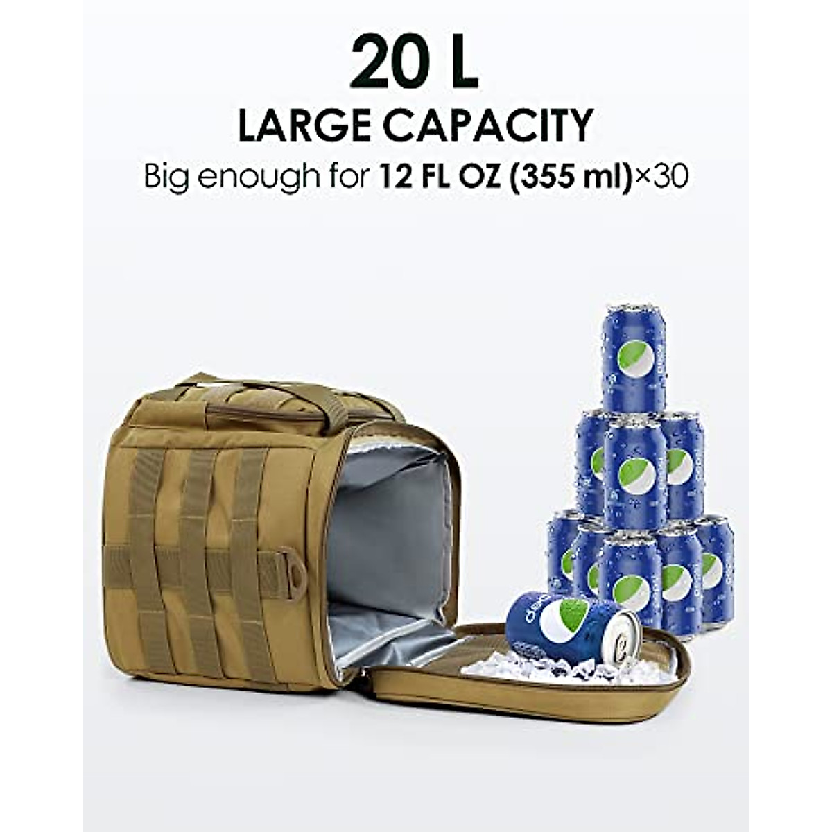 TACTICISM Tactical Lunch Box for Men, 30 Cans Leakproof Lunchbox, Insulated Lunch Bag Adult, Portable Soft Cooler Bag with Detachable MOLLE Pouch for Camping Fishing Beach Picnic Work, Brown