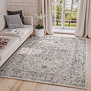 Abani Rugs 7'9" x 10'2" Grey & Blue Geometric Floral Motif Area Rug - Troy Collection Distressed Style Accent Rug