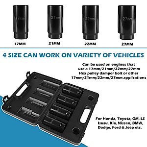 1/2" Drive Crank Bolt Socket Set, 17MM 21MM 22MM 27MM Harmonic Balancer Socket Set, Crank Bolt Removal Tool, 3 Times Momentum Power of Standard Impact Socket Set