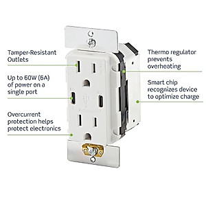 Leviton T5636-W 60W USB Dual Type-C Power Delivery In-Wall Charger with 15A Outlet, USB Charger for Laptops, Smartphones, Tablets, and More, White