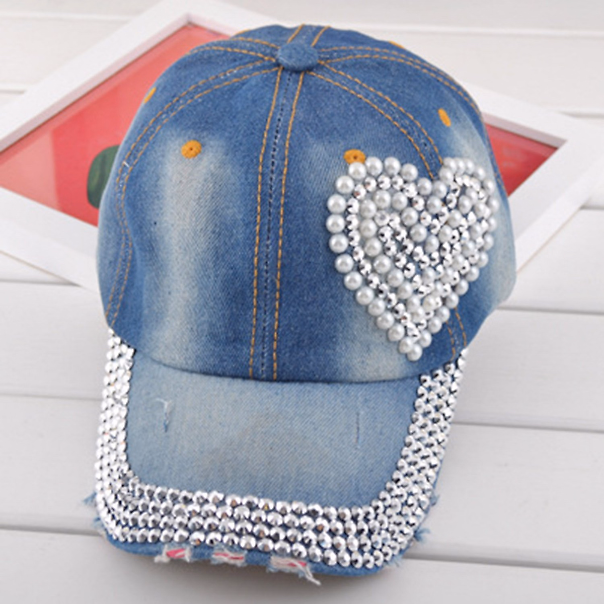 Anjoy Women Loving Heart Bling Rhinestone Sport Jeans Baseball Golf Cap Hat
