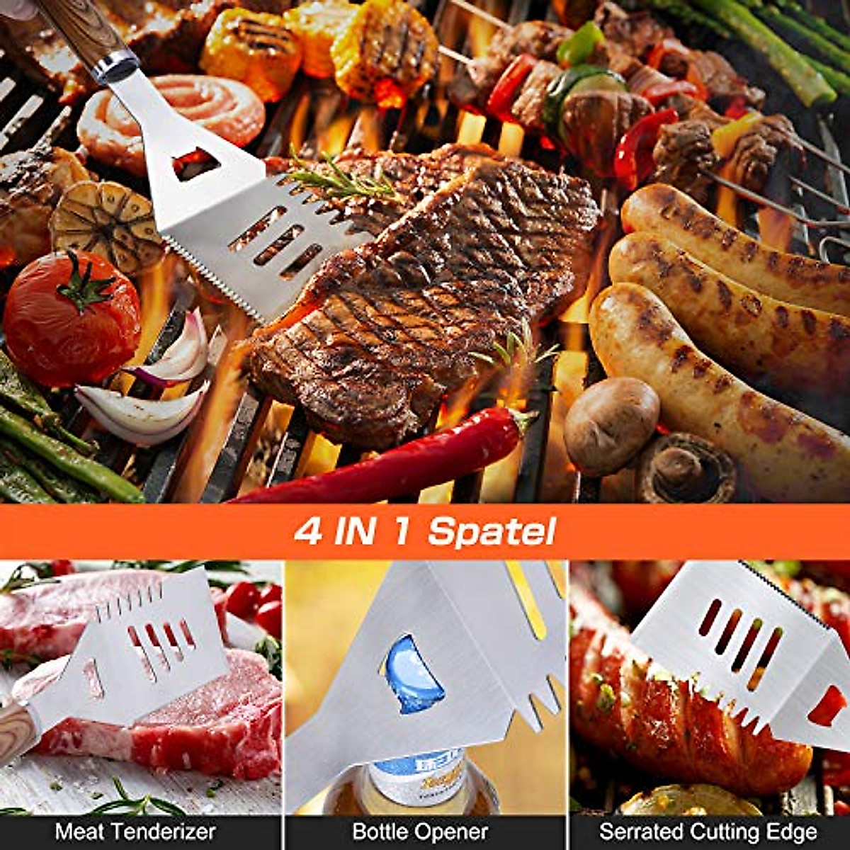 Grilling Accessories BBQ Grill Tools Set, 30Pcs Grilling Utensils Tool Gift Set for Kitchen, Camping, Kitchen, Backyard Barbecue with Tongs Spatula Thermometer Meat Injector Carry Bag
