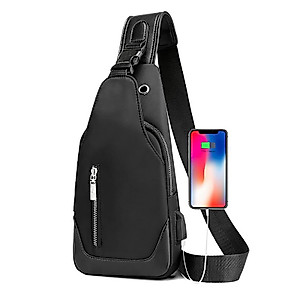 W WINTMING Sling Bag for Men Chest Bag with USB Charging Port Crossbody Shoulder Daypack Lightweight Casual Bag for Hiking Travel (Black)