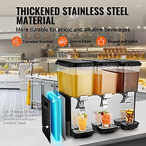 VEVOR Commercial Beverage Dispenser, 3 Tanks 18 L / 19 QT Per Tank Juice Dispenser, 512W Stainless Steel Ice Tea Drink Machine with 45°F-54°F Cooling Temperature, for Cold Drink Restaurant Bar Party