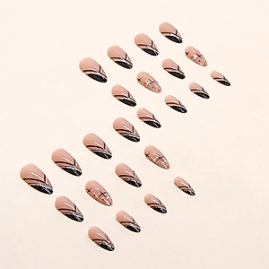 24 PCS French Tip Press on Nails Medium Almond Shape False Nails Gold Glitter Full Cover False Nails with Black Gold Line Star Design Artificial Fingernails for Women Girls Acrylic Manicure Decoration