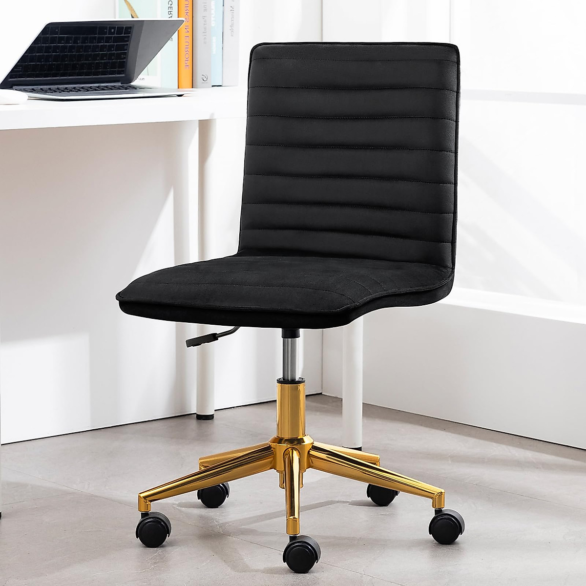Furniliving Home Office Chair, Armless Vanity Chair with Wheels Swivel Velvet Computer Rolling Desk Chair with Back, Adjustable Accent Chair with Gold Metal Base Stool Chair,Black