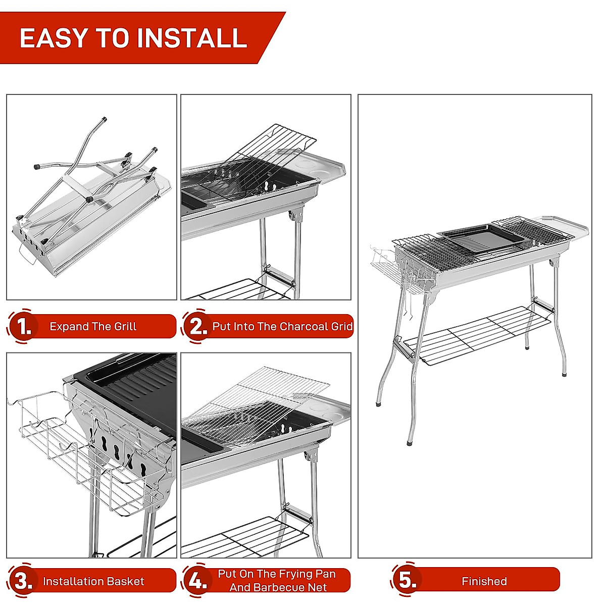 Outvita Portable Charcoal Grill, 39 x 12x 28" Foldable Barbecue Grill, Stainless Steel BBQ Grill for Outdoor Cooking Camping Hiking Picnic Garden Beach Party(Large)
