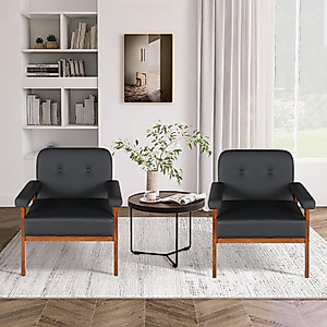 STHOUYN Mid Century Faux Leather Black Accent Chairs Set of 2 with Wood Arms, Comfy Reading Chair Small Spaces, Armchair Comfortable Chairs Living Room Bedroom Office, Easy Assembly (2, Black)