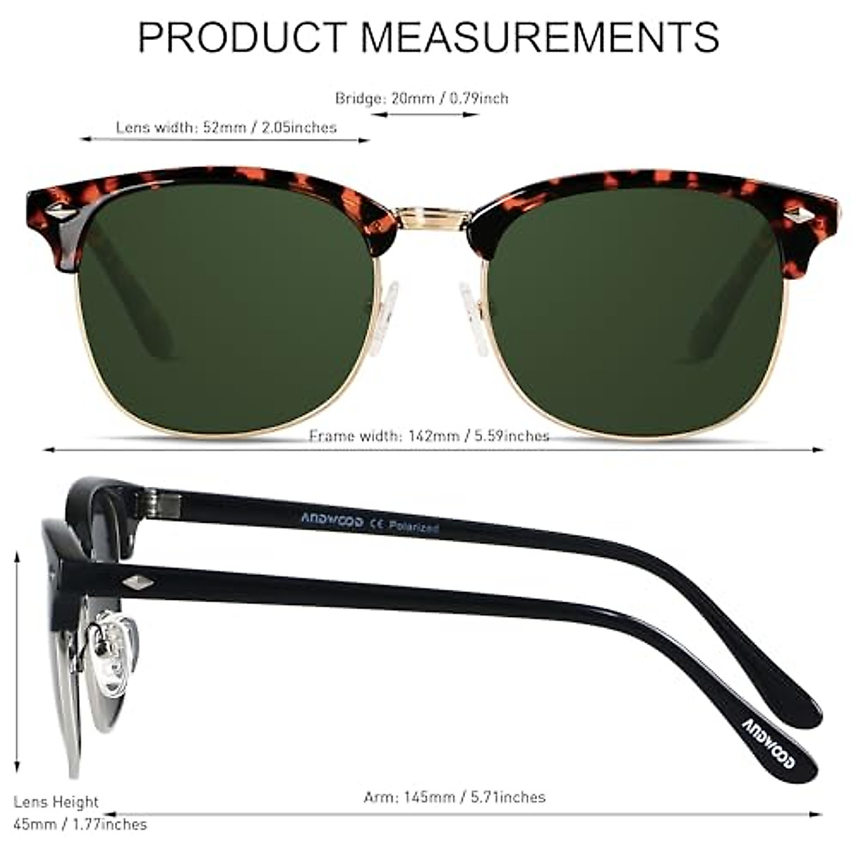 ANDWOOD Polarized Sunglasses for Men Women UV Protection Semi Rimless Sun glasses Classic Half Frame Shades Black Tortoise