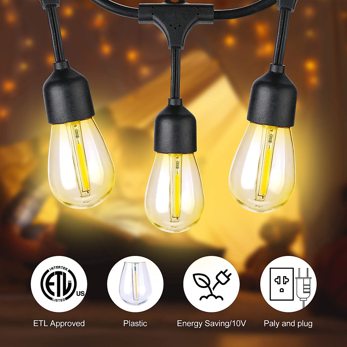 JOYSTA Outdoor String Lights - Waterproof Patio Light String 48FT with 15 Hanging Sockets IP65 Weatherproof Yard Lights 1w S14 Bulbs Lighting for Party Bistro Backyard Garden Cafe