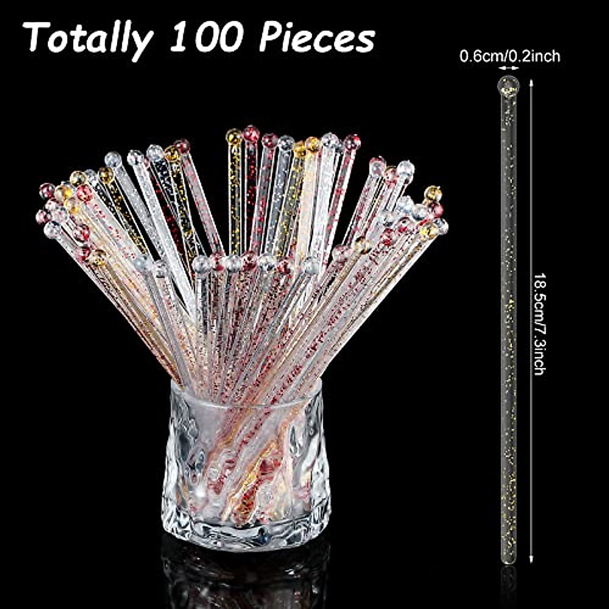 100 Pieces Disposable Plastic Round Top Crystal Swizzle Sticks Glitter Plastic Swizzle Sticks Cocktail Coffee Drink (Silver, Gold, Red)