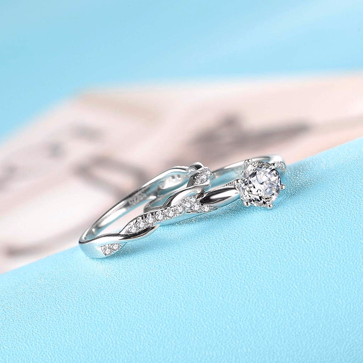 Castillna Sterling Silver Twisted Flame Simulated Diamond CZ Cubic Zirconia Engagement Wedding Bridal Rings Set