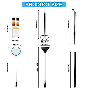 HOTOOLME 6 in 1 Aquarium Aquascape Tools, Long Stainless Steel Aquatic Plant Tweezers Scissors Scrapers Set for Fish Tank Starter Kit, Aquarium Cleaning Kit with PH Paper Fish Net Bag (Black)