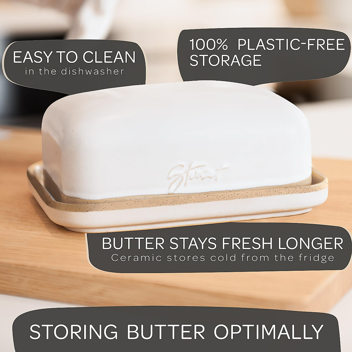 STEINZEIT Butter Dish with Lid (4.9 in x 6.9 in) - Ceramic Butter Dish - Large Butter Container for 2 pcs of Western Butter - Butter Dish with Lid for Countertop - Butter Holder Dishwasher Safe