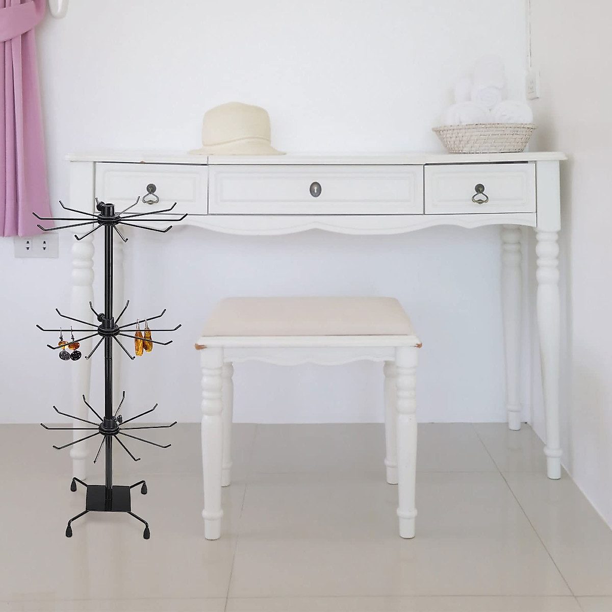 NMFIN 3Tier Rotating Jewelry Display Rack,Metal Earring Display Stands Jewelry Organizer Rack Tower Bracelet Holder for Necklace Ring Keychain,Black