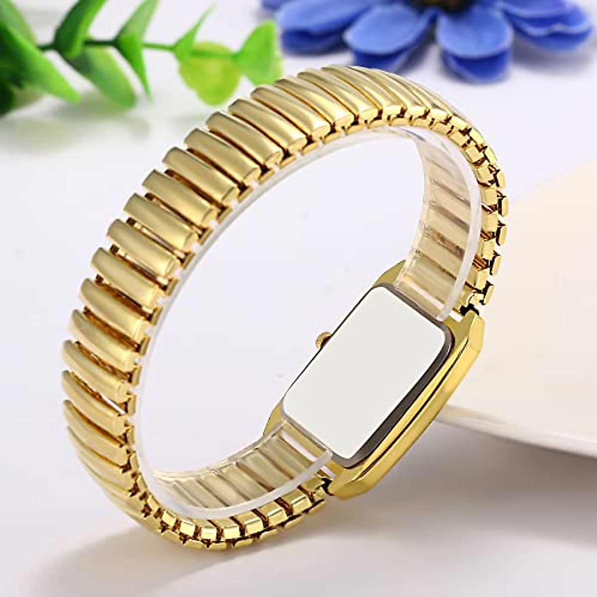 JewelryWe Women's Ultra Thin Easy Reader Watch with Elastic Strap, Golden/Silver Square Watch, for Valentine's Day