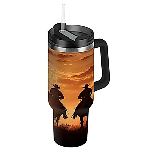 Flradish 30oz Tumbler with Handle, Desert Troops Cowboy under Sunset Stainless Steel Tumbler with Lid and Straws Double Wall Vacuum Insulated Leakproof Coffee Travel Mug