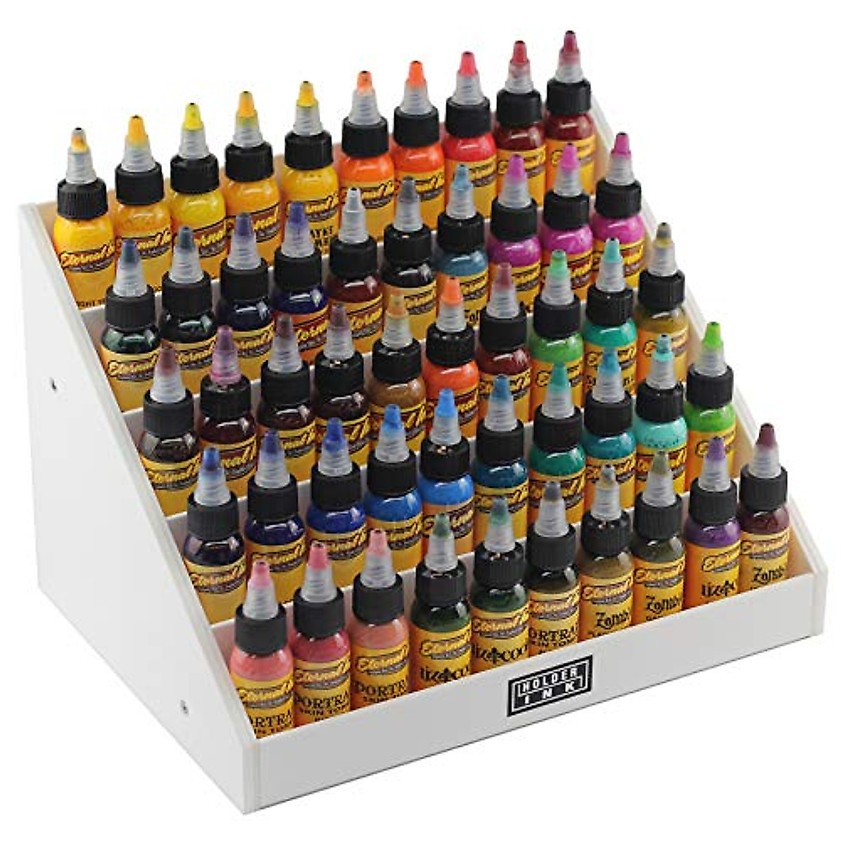 Holder Ink acrylic display stand organizer for tattoo inks, nail polish bottles and other beauty essentials that keeps them organized, secured and ready to use.