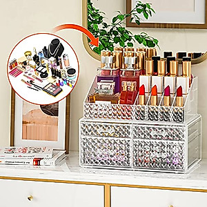 Awenia Makeup Organizer with Drawers[Upgraded]-Acrylic Make up Organizers and Storage Case for Cosmetics,Perfume,Jewelry Display, Vanity and Bathroom Accessories (Clear-4 Drawers)