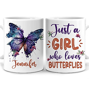 Hyturtle Personalized Gifts Butterfly Lover - Just A Girl Who Loves Butterflies Custom Name Ceramic Coffee Mug Cup 11oz - Idea Cute Animal Lover Gifts For Women, Girl Daughter On Birthday, Christmas