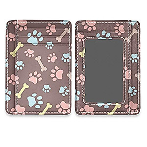 Linomo Thin leather Card Holder and Money Clip Vintage Dog Paw Print Bones Wallet RFID Blocking for Men & Women