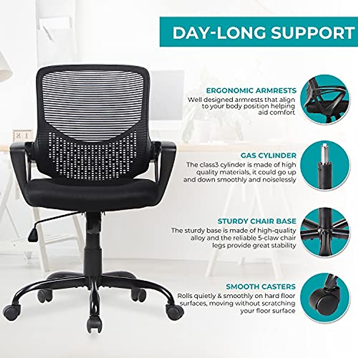 Office Chair, Ergonomic Home Desk Chair Mid Back Mesh Chair Rolling Swivel Computer Chair with Lumbar Support