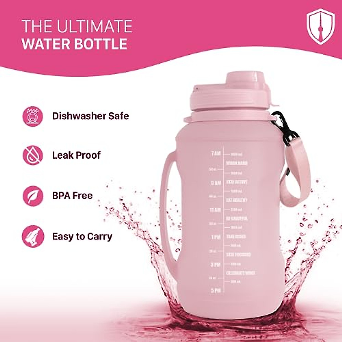 Collapsible Water Bottle for Traveling, Hiking 64 oz Gen 2.0 - Motivational Water Bottle with Time Markings - Half Gallon / 2 L Capacity - BPA Free & Dishwasher Safe (Fruity Pink)