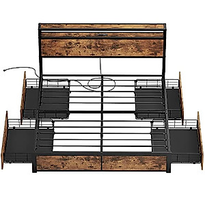 LIKIMIO Queen Bed Frame with Storage Drawer, 2-Tier Storage Headboard with Charging Station, No Box Spring Needed, Easy Assembly, Vintage Brown