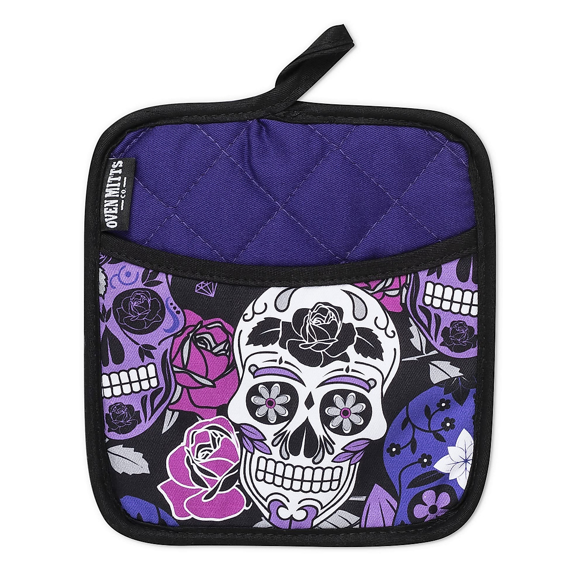 Oven Mitts Co. Sugar Skull Purple, Oven Mitts and Pot Holder 3pcs Set, Insulated, 100% Cotton