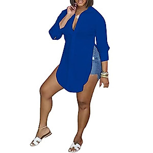 LYANER Women's Collar V Neck Button Front Long Sleeve Slit Hem Long Shirt Blouse Tops Royal Blue Large