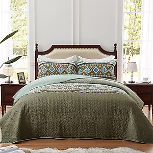 LEAONME Quilt Set Full/Queen Size 3 Piece Bedspread Coverlet Lightweight Comforter Microfiber Bedding Set for All Season Oversized 90x98 Inch Bed Cover Bohemian Olive Green(1 Quilt,2 Pillow Shams)