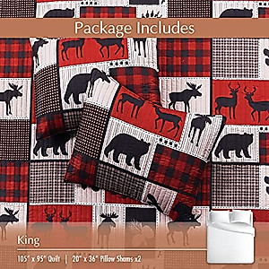 Virah Bella 3 Piece King Cabin Quilt Bedding Set - Lodge Life - Rustic Country Reversible Patchwork Comforter Set with Decorative Pillow Shams