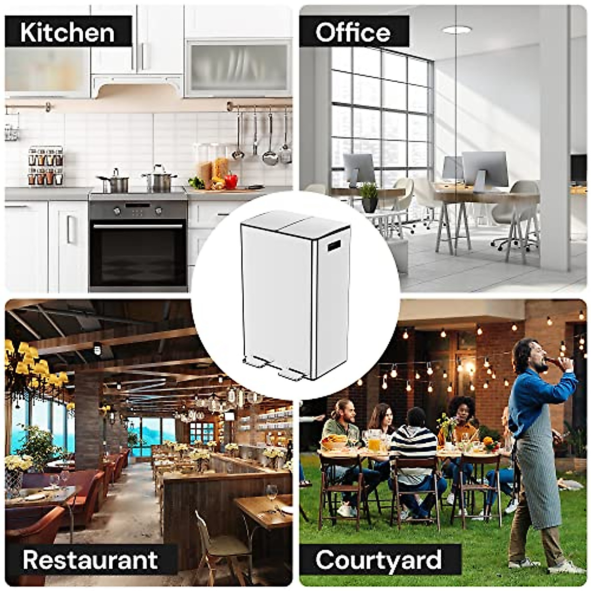 SunsGrove Kitchen Trash Can 16 Gallon, Dual Garbage Bin Recycle Combo, in-Home Recycling Bin with Dual Compartments, Slim Stainless Steel, 60L Trash Bin for Kitchen/Office, Silver