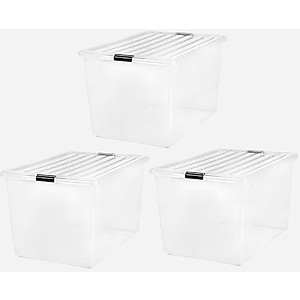 IRIS USA 144 Quart Stackable Plastic Storage Bins with Lids and Latching Buckles, 3 Pack, Containers with Lids, Durable Nestable Closet, Garage, Totes, Tubs Boxes Organizing, Clear