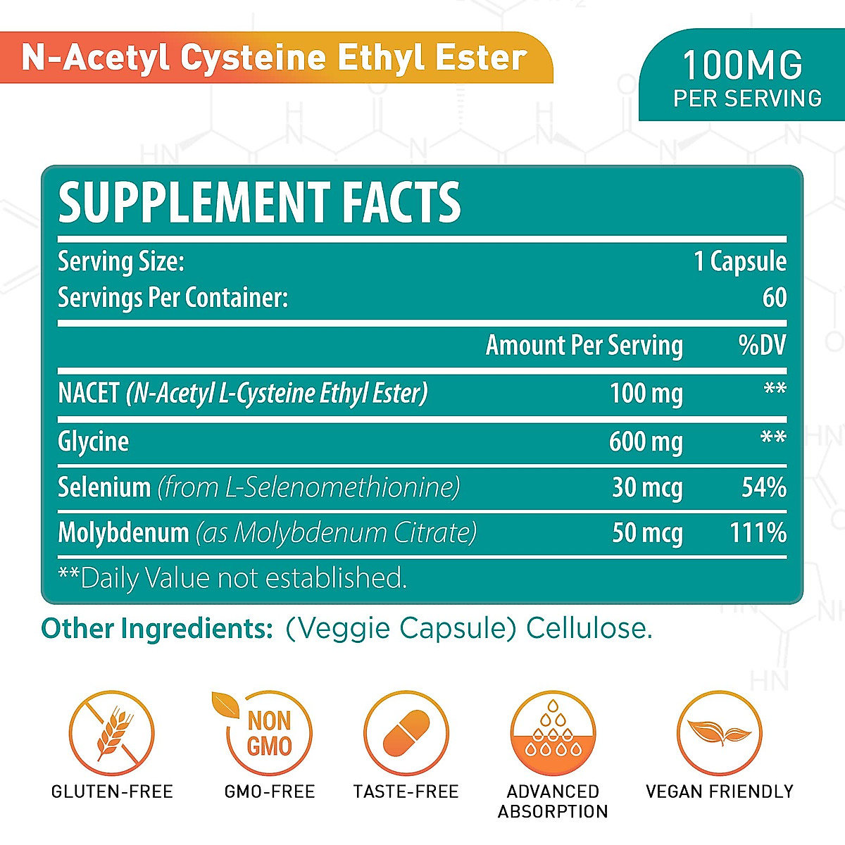 N-Acetyl Cysteine Ethyl Ester 100mg - More Absorption Than 1000mg NAC - with Glycine 600mg - Benefit Glutathione - Good for Immune System & Antioxidant for Adults, NACET ( 60 Capsules - 1 Pack)