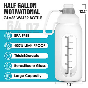 Aqulea Glass Water Bottle 64 oz - Big, Leakproof, Pregnancy Tracker, Gym Bottle with Straw and Time Marker (White)