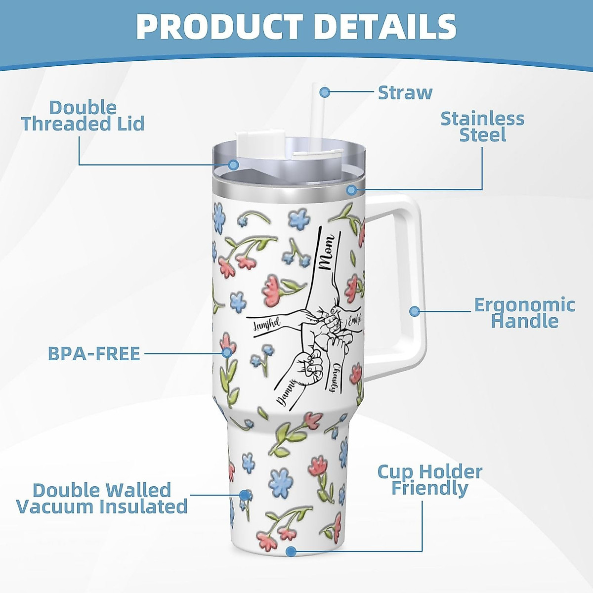 Personalized 40 Oz Stainless Steel Tumbler Best Mom Ever Cup Gift, Custom Name 3D Inflated Effect Travel Mug, Birthday Valentine's Day Coffee Mug for Mom Nana Mothers Day Gifts for Mom,05