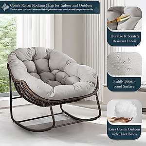 Outdoor Rocking Chair, Patio Oversized Wicker Egg Rocking Chair, Indoor & Outdoor Comfy Rocker Chair with Thick Cushion, Modern Lounge Chair for Balcony, Front Porch, Garden, Backyard, Deck, Beige