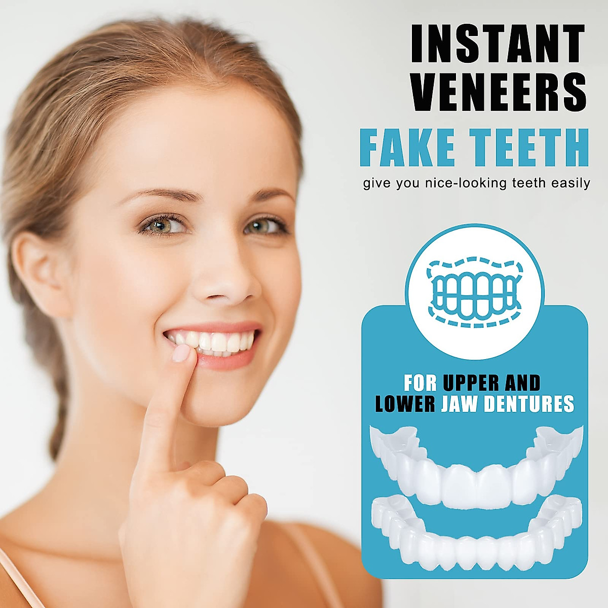 2 Set Fake Teeth Denture Teeth Veneer Snap in Teeth Confidence Smile Dentures Veneer Fake White Teeth with 2 Pieces Mini Tweezers for Halloween Men and Women Bad Teeth Whitening Alternative