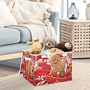 DOMIKING Gingerbread Man Large Storage Bin with Lid Collapsible Shelf Baskets Box with Handles empty gift basket for Nursery Drawer Shelves Cabinet