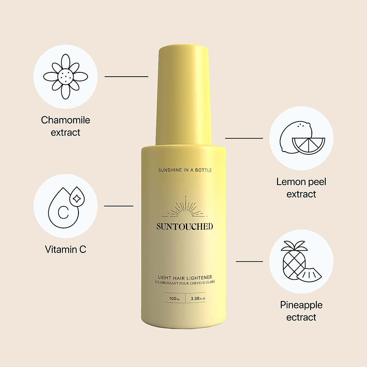Suntouched Beach Blonde Hair Lightener - Citrus & Chamomile Highlighting Spray for Vegan Highlights, Cruelty, Paraben, Ammonia & Bleach-Free, 3.38 FL Oz