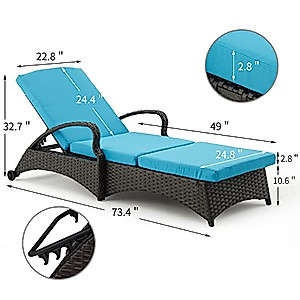 RYNSTO Patio Chaise Lounge 2 Sets with 5 Backrest Angles, Single Adjustable Patio Wicker Lounge Chair with Water Repellent Cushion and Wheels for Poolside Backyard Deck Porch Garden, Blue