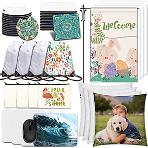 44Pcs Sublimation Blanks Products Set, DIY Sublimation Blanks with Car Coaster, Mouse Pad, Pillow Covers, Garden Flag, Makeup Bag, Drawstring Bag for Sublimation Transfer Heat Press Printing Crafts.