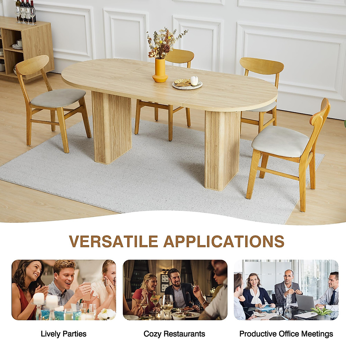 70.8 Inch Kitchen Dining Table for 6-8 People, Oval Kitchen Table with Wood Strip Base, Modern Farmhouse Large Round Dining Room Tables for Kitchen Living Room (Natural)