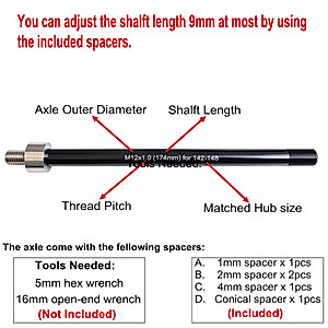 Bike Trailer Hitch Thru Axle Adapter 12mm Thru Axle with 1.0/1.5/1.75 Thread Pitch Shaft Length 167~185mm (M12-1.75-181mm)