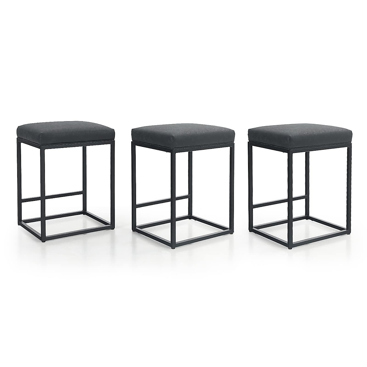 Sophia & William Counter Height 24" Bar Stools Set of 3 Backless Bar Stools for Kitchen Island,Modern PU Leather Square Bar Stools with Metal Steel Frame & Footrest,Black