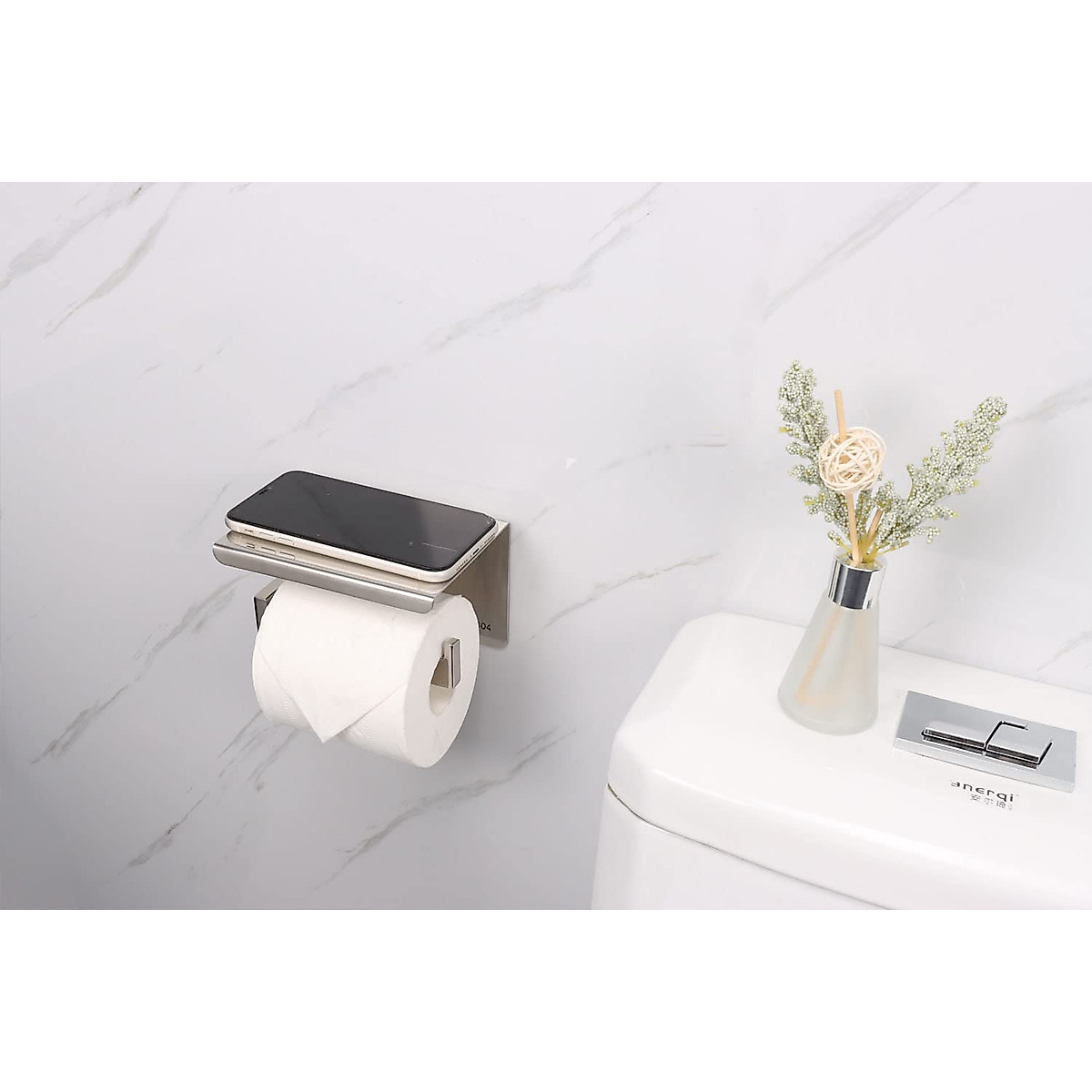 Vanloory Toilet Paper Holder with Shelf, SUS304 Stainless Steel Anti-Rust Paper Roll Holder, Drilling or Adhesive Tissue Paper Holder, Fit Big Roll Toilet Paper Dispenser Wall Mounted（Polished Chrome）