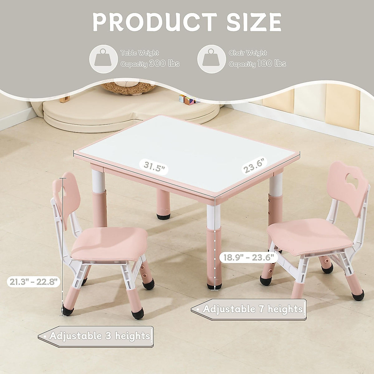 Kids Table and Chairs, Height-Adjustable Toddler Table and Chair Set with 31.5''Lx23.6''W Graffiti Desktop, Table Chair for Ages 3-8, Childrens Table and Chair Set for Daycare with 2 Chairs, Pink